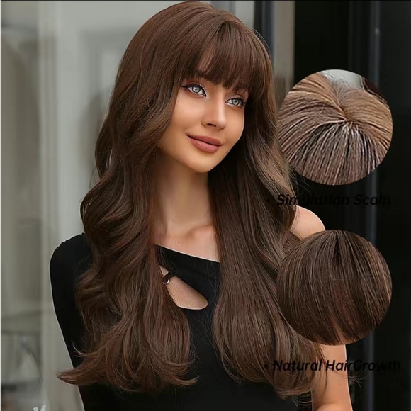 Hair | Dark Brown Long Layers 24 Inch Wig With Bangs | Poshmark